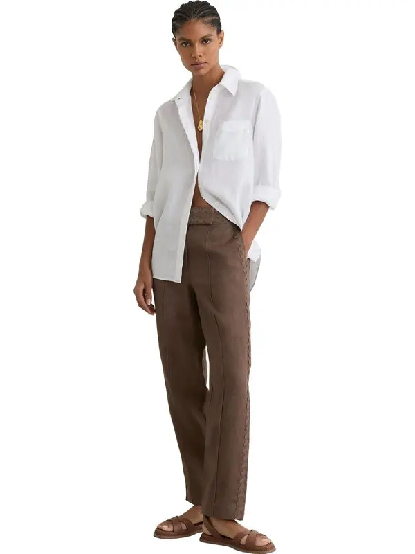 REISS Tapered Linen Trousers With Wave Trim - Brown