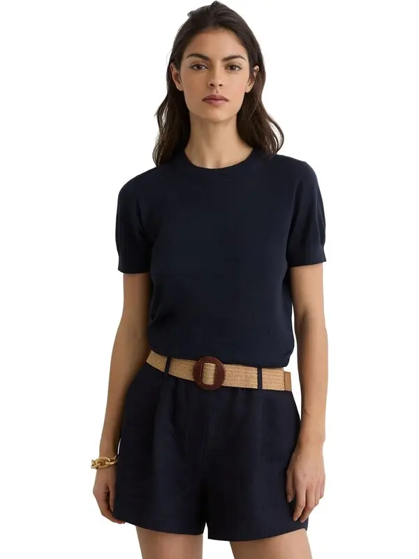 REISS Livy Short-sleeve Knitted Top With Linen - Navy