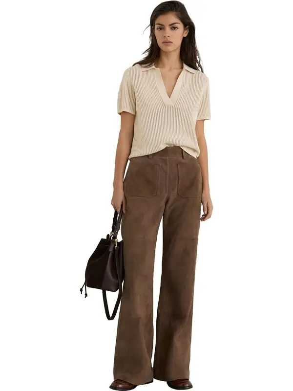 REISS Priya Petite Suede Flared Trousers - Taupe Neutral