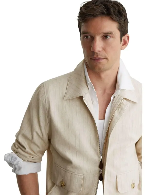 REISS Slayman Pinstripe Linen Jacket - Off White