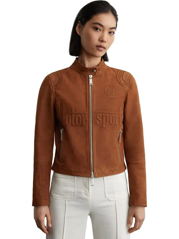 REISS Racing Embossed Suede Jacket - Tobacco Brown