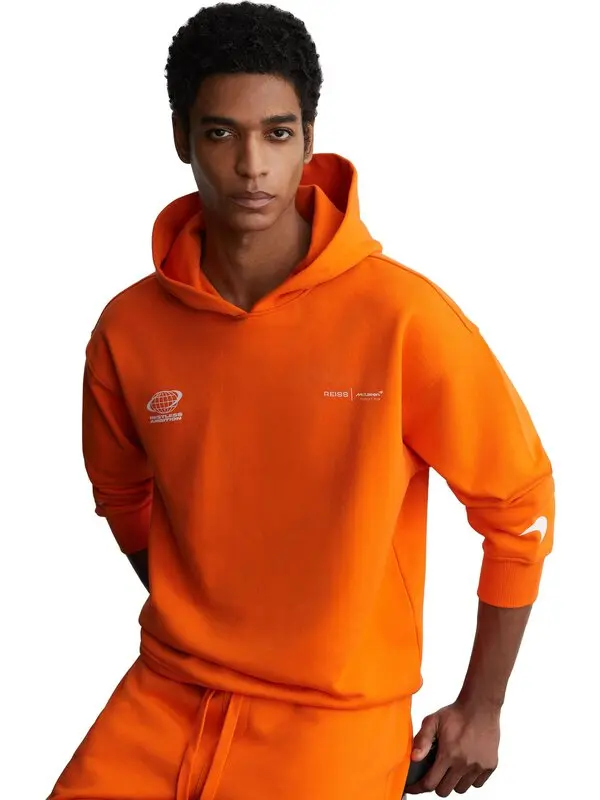 REISS Racing Heavyweight Motif Hoodie - Papaya Orange