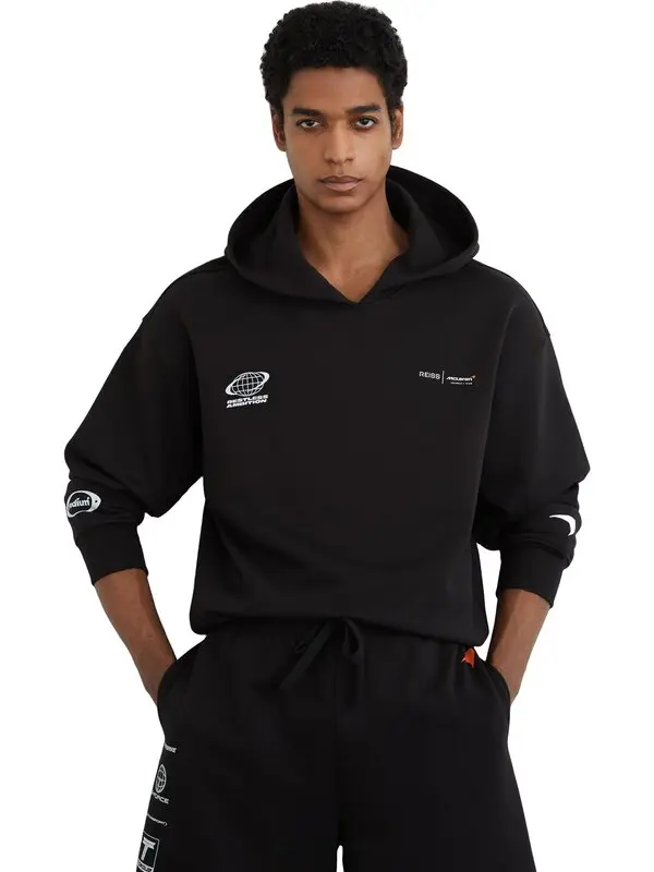 REISS Racing Heavyweight Motif Hoodie - Washed Black