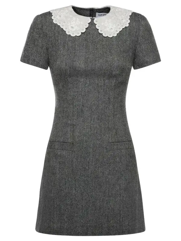 SELF-PORTRAIT Herringbone Lace Collar Mini Dress - Grey
