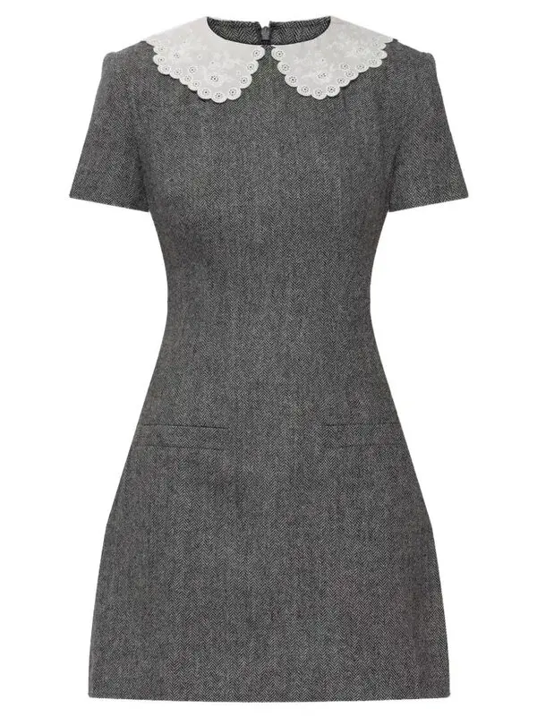 SELF-PORTRAIT Herringbone Lace Collar Mini Dress - Grey