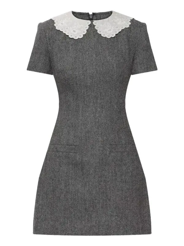 SELF-PORTRAIT Herringbone Lace Collar Mini Dress - Grey