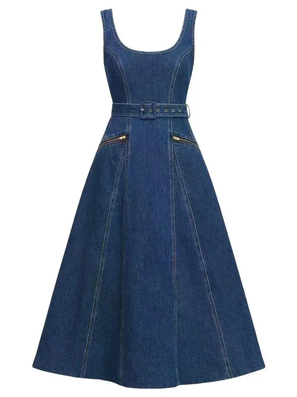 SELF-PORTRAIT Belted Flared Midi Denim Dress - Blue