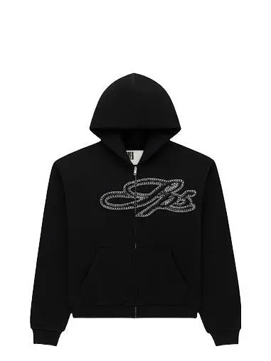 SP5DER Rhinestone Script Zip Up Hoodie - Black