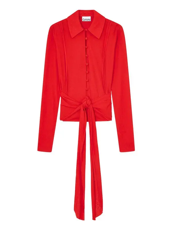 GANNI Button-front Shirt With Drawstring Hem And Logo Patch - Goji Berry