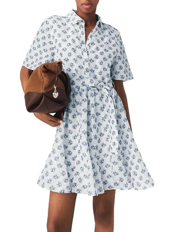 Maje Short Patterned Linen-blend Dress - Blue Small