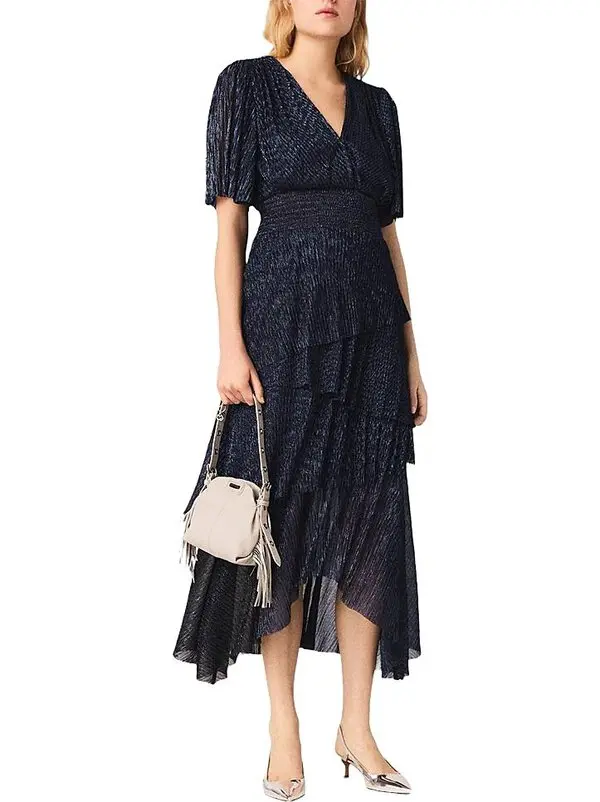 Maje Ruffiba Metallic Ruffled Midi Dress - Navy