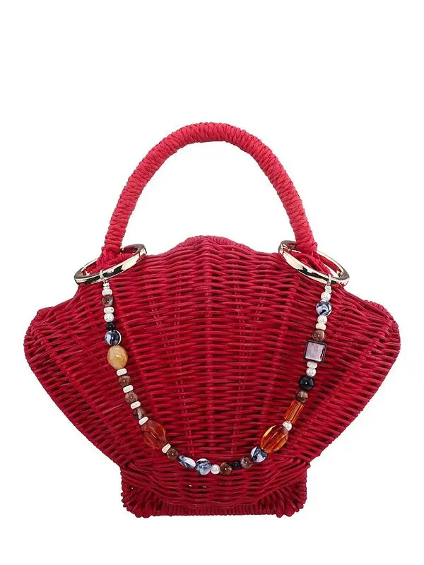 Aqua Shell Shaped Rattan Clutch - Red