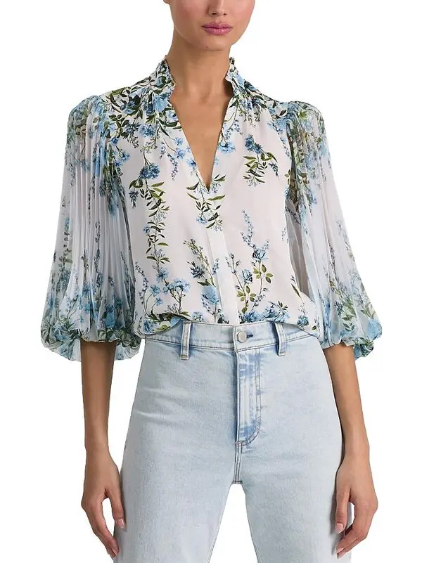 Alice + Olivia Ilan Pleated Blouson Sleeve Floral Top - Fresh Air Combo