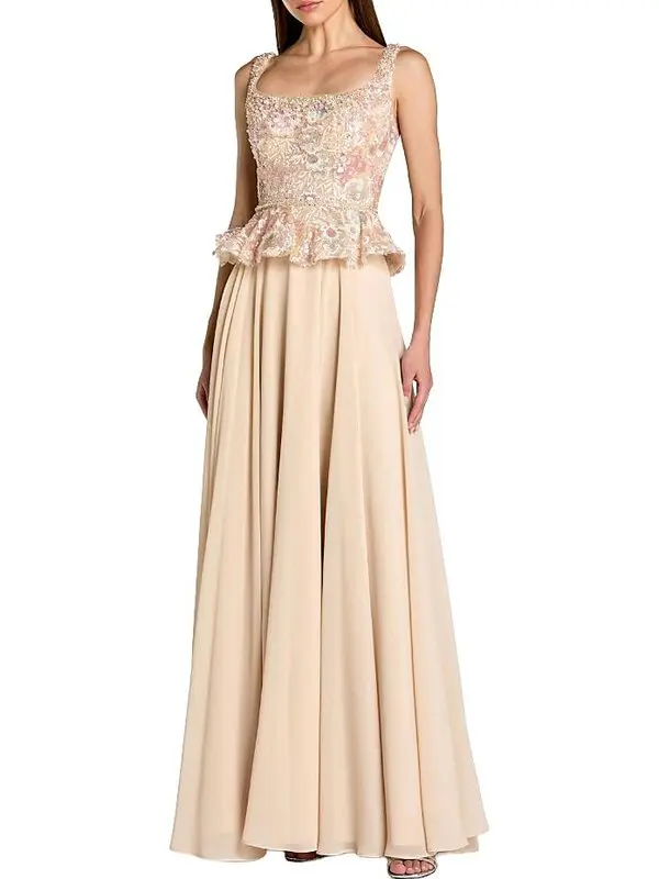 Mac Duggal Petite Embroidered Peplum Top With Chiffon Skirt Gown - Champagne
