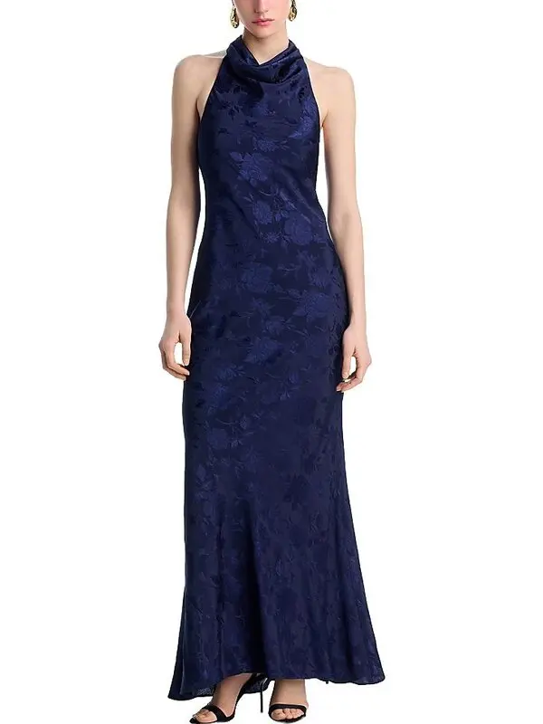 Aqua Jacquard Cowl Neck Dress - Navy