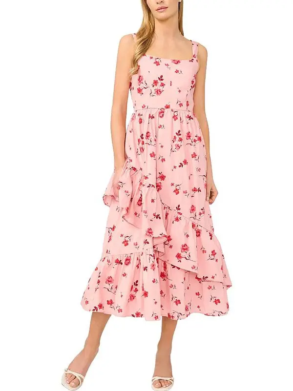 CECE DUPRAZ Ruffle Hem Corset Midi Dress - Coral Bloom