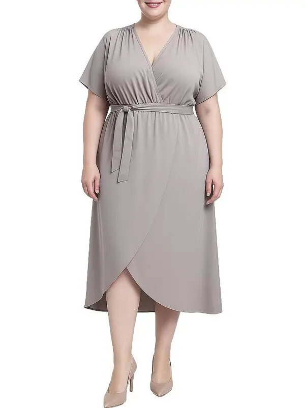 STANDARDS & PRACTICES Flowy Tie Front Midi Flutter Sleeve Dress - Grey