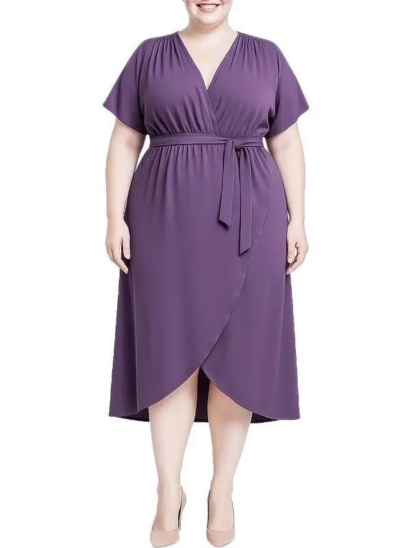 STANDARDS & PRACTICES Flowy Tie Front Midi Flutter Sleeve Dress - Purple