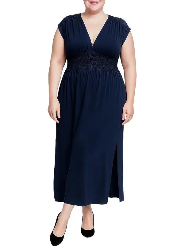 STANDARDS & PRACTICES Deep V-neck Side Slit Maxi Dress - Navy