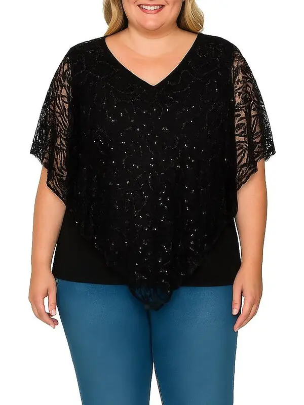 STANDARDS & PRACTICES Embroidered Sequinned Lace Poncho Top - Black