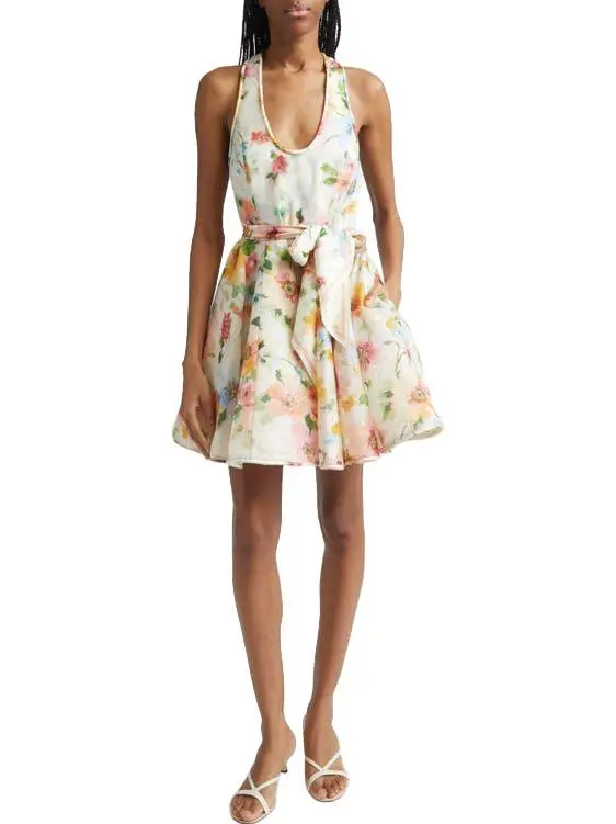 Zimmermann Alchemy Racerback Linen & Silk Skater Minidress - Neon Poppy