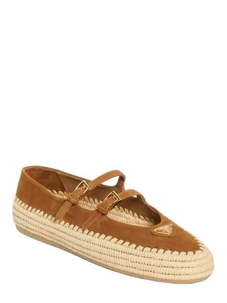 Prada Raffia Mary Jane Flats - Brown