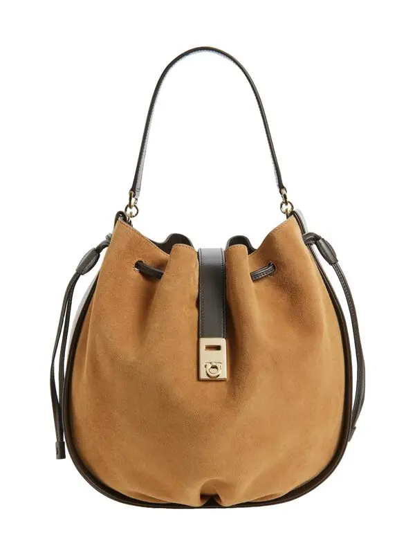 FERRAGAMO Leather & Suede Bucket Bag - Naturale 6 Testa Di Moro