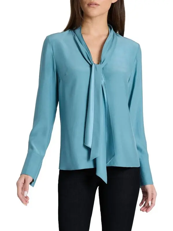 Santorelli Amanda Silk Long Sleeve Tie Neck Blouse - Steel Teal