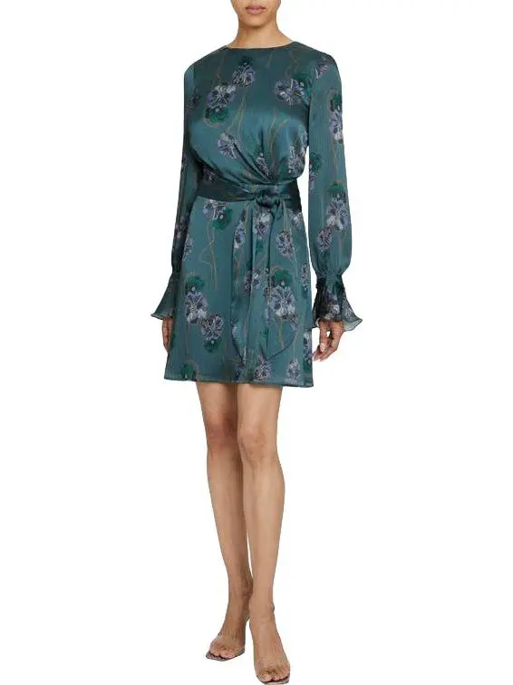 Santorelli Dahlia Printed Crepe Georgette Long Sleeve Dress - Steel Teal