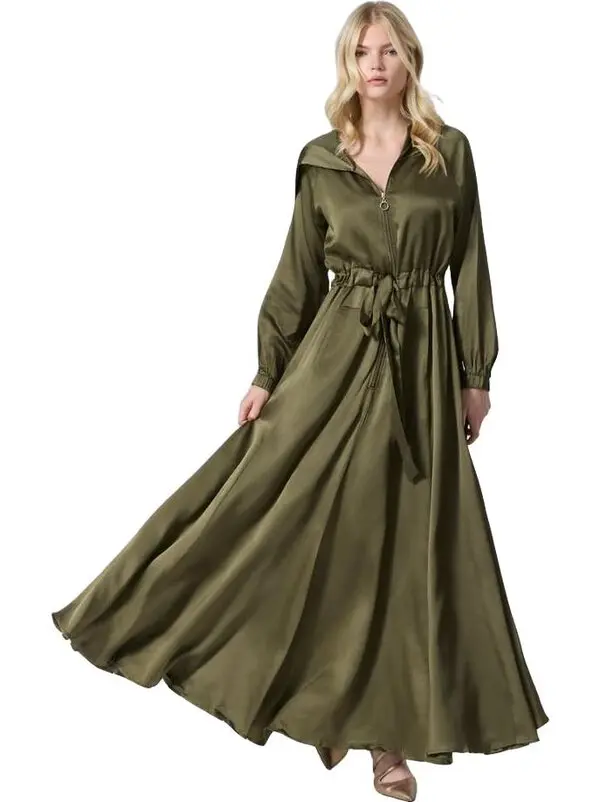 LE FAFO Silk Hooded Maxi Dress - Olive Green