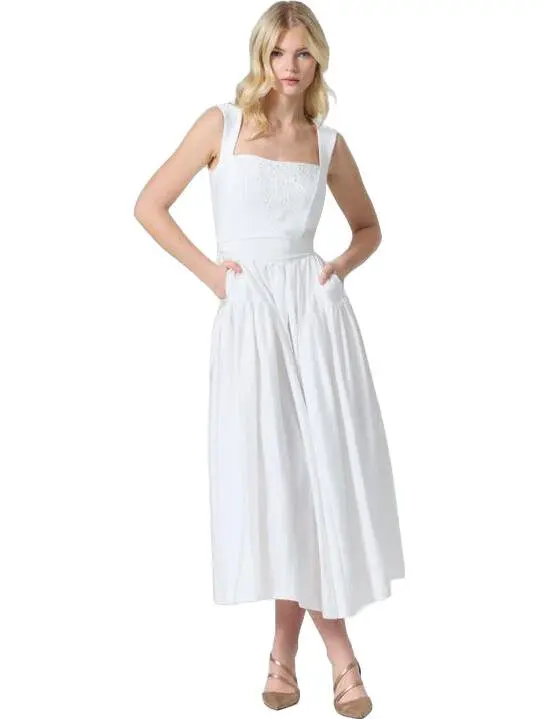 LE FAFO Belted Embroidered Taffeta Midi Dress - White