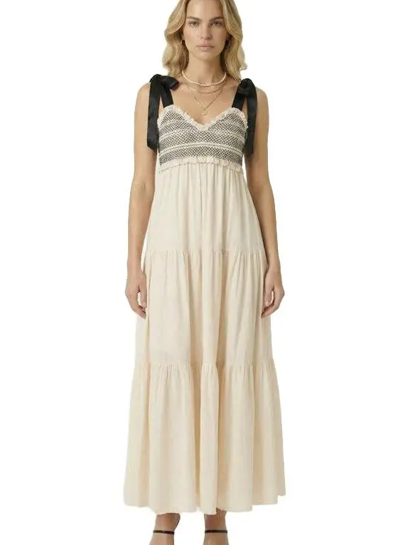 MODENAIRE Smocked Lace-trim Maxi Dress - Ivory