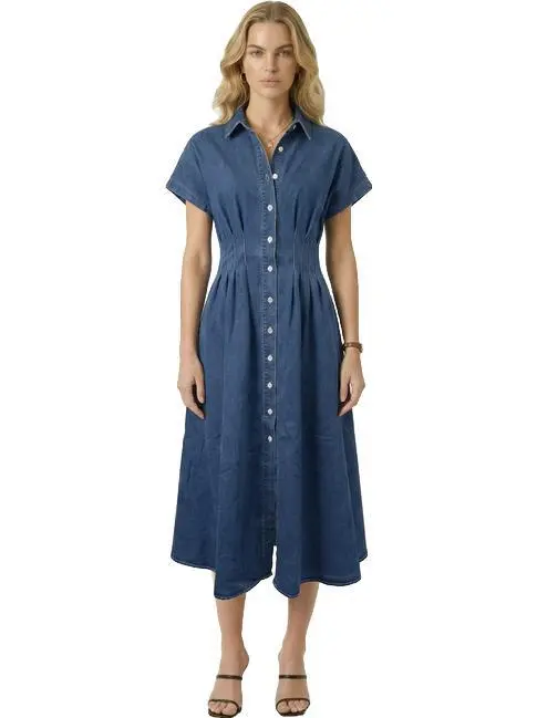 MODENAIRE Denim Pleated Waist Shirt Dress - Medium Indigo Blue