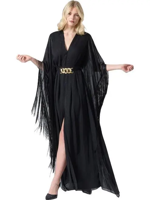 LE FAFO Luna Fringe Belted Gown Dress - Black
