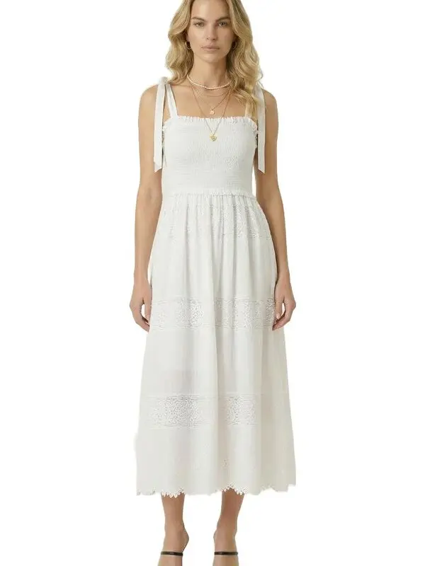 MODENAIRE Smocked Lace Eyelet Maxi Dress - White