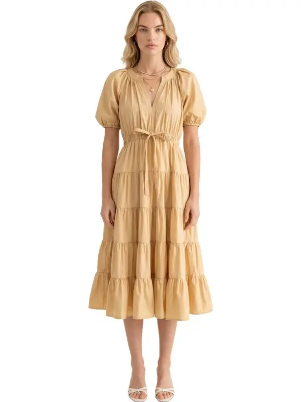 MODENAIRE Tiered Puff Sleeve Midi Dress - Sand
