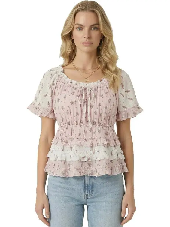 MODENAIRE Floral Tie Neck Peplum Blouse - Light Pink Floral