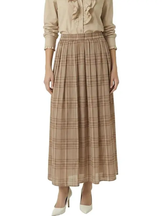 MODENAIRE Plaid Pleated Maxi Skirt - Tan/beige Plaid