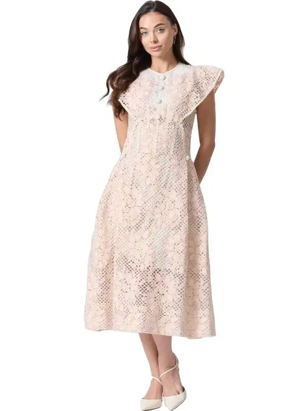 LE FAFO Embroidered Lace Midi Dress - Light Pink