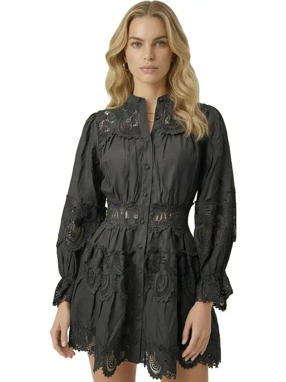 MODENAIRE Lace Trim Button-front Mini Dress - Charcoal Grey