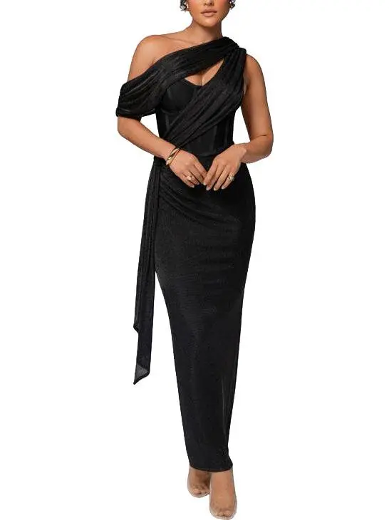 JLUXLABEL Metallic Draped Maxi Dress - Black
