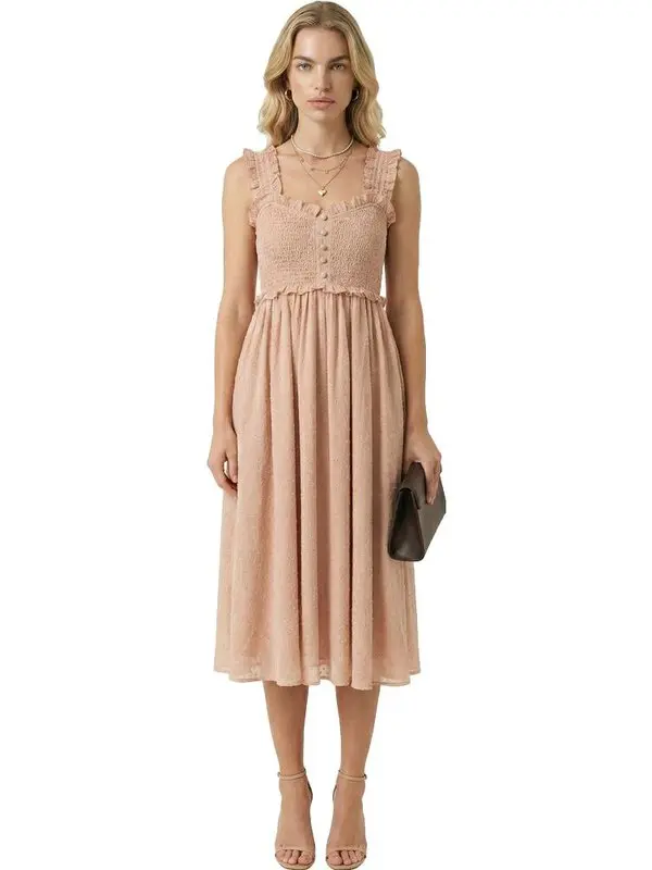 MODENAIRE Smocked Ruffle Straps Midi Dress - Blush Pink