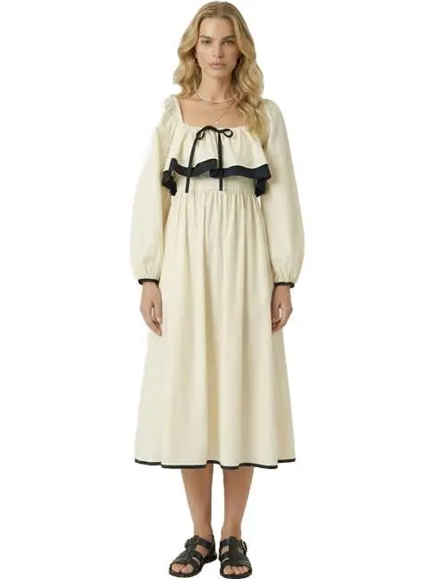 MODENAIRE Long Sleeve Ruffle Trim Midi Dress - Ivory