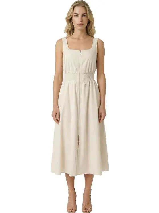 MODENAIRE Sleeveless Smocked Front Zip Midi Dress - Cream