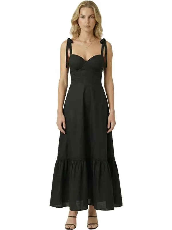 MODENAIRE Sweetheart Neck Tie Straps Maxi Dress - Black