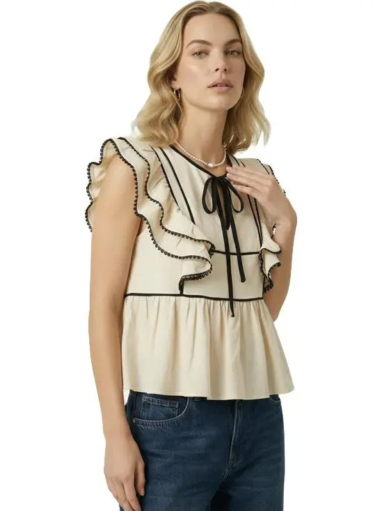 MODENAIRE Ruffle Sleeve Peplum Top - Cream