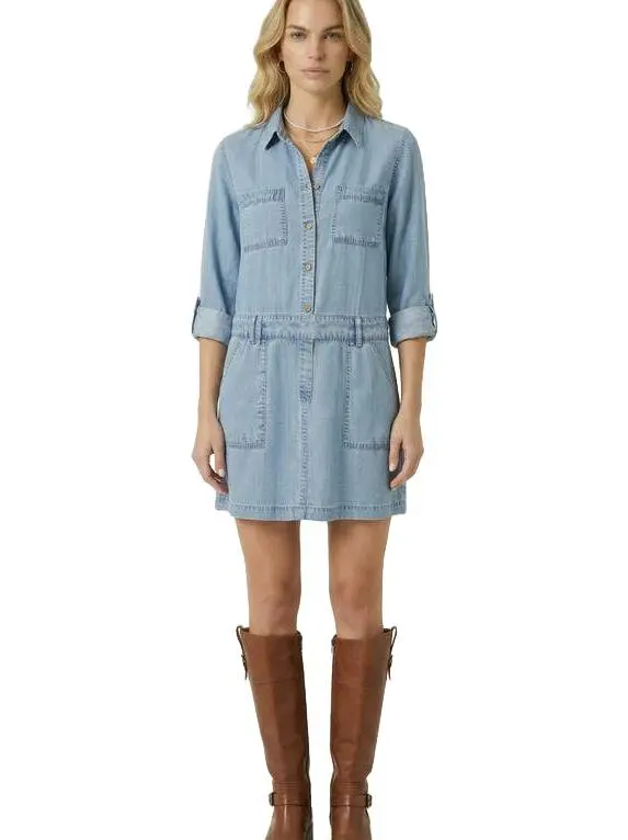 MODENAIRE Button-front Long Sleeve Denim Mini Dress - Light Wash Blue