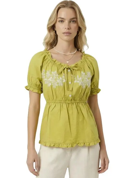 MODENAIRE Embroidered Ruffle Trim Peplum Blouse - Green