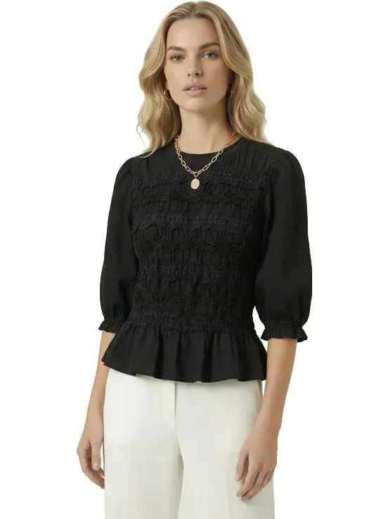 MODENAIRE Smocked Peplum Puff Sleeve Blouse - Black