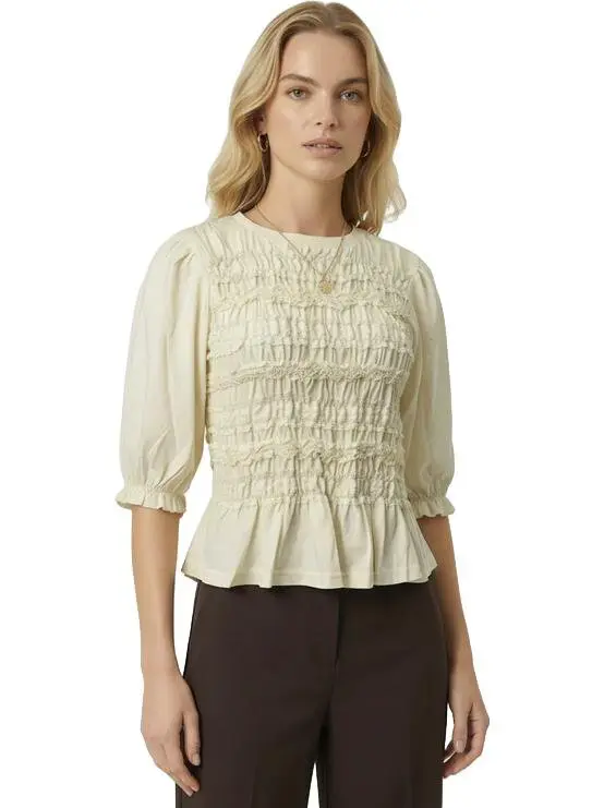MODENAIRE Smocked Peplum Puff Sleeve Blouse - Cream